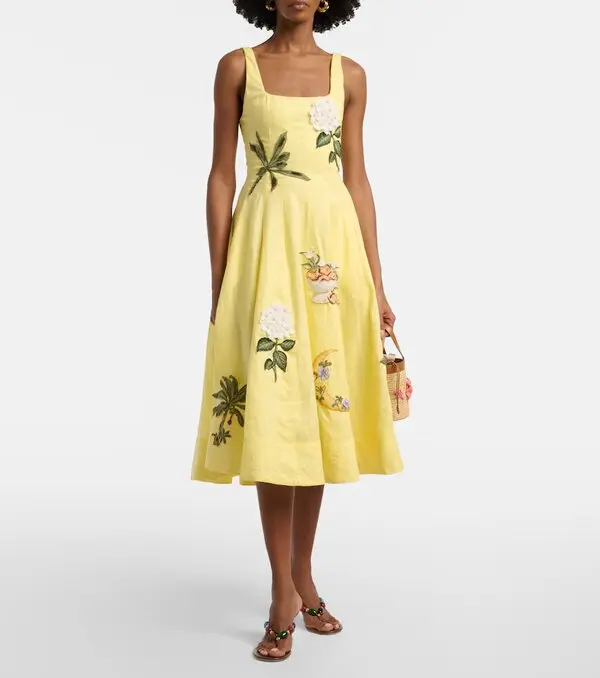 Agua Bendita Frontera Patch-appliqué Linen Midi Dress