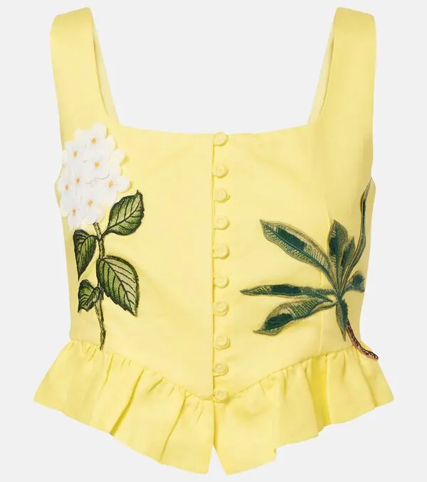 Agua Bendita Eslabón Floral-appliqué Linen Crop Top - Yellow