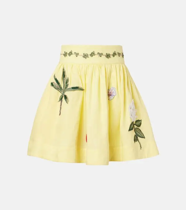 Agua Bendita Nori Floral-appliqué Linen Miniskirt - Yellow