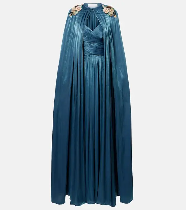 Costarellos Embellished Pleated Caped Bustier Gown - Blue