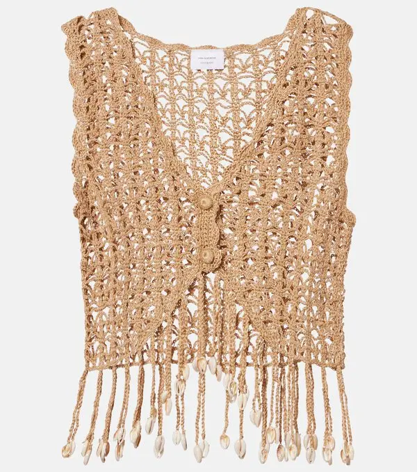 Anna Kosturova Crochet Fringed Cotton Crop Top - Beige