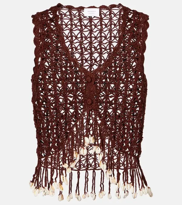 Anna Kosturova Crochet Fringed Cotton Crop Top - Brown