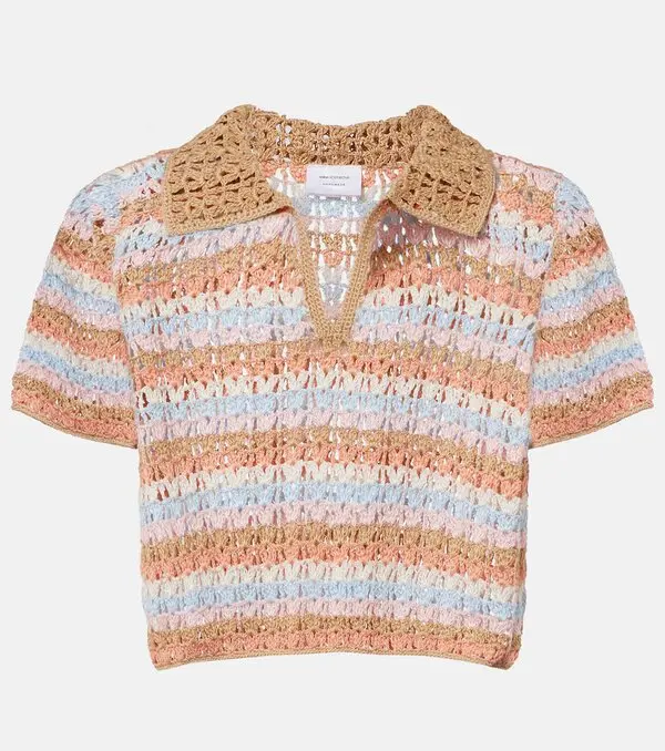 Anna Kosturova Crochet Striped Cotton Polo Shirt - Multicoloured