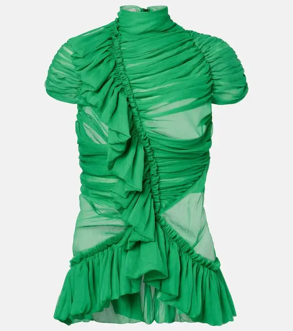 Dries Van Noten Ruffled Silk Top - Green