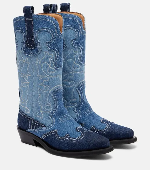 GANNI Denim Cowboy Boots - Blue