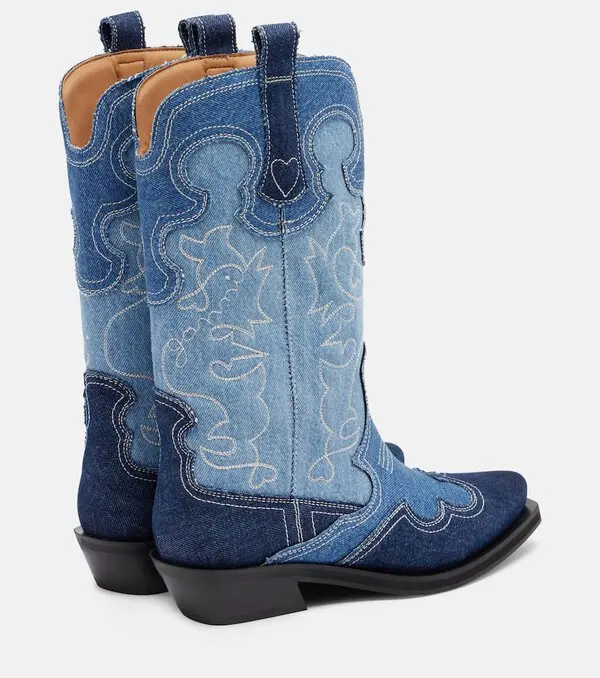 GANNI Denim Cowboy Boots - Blue