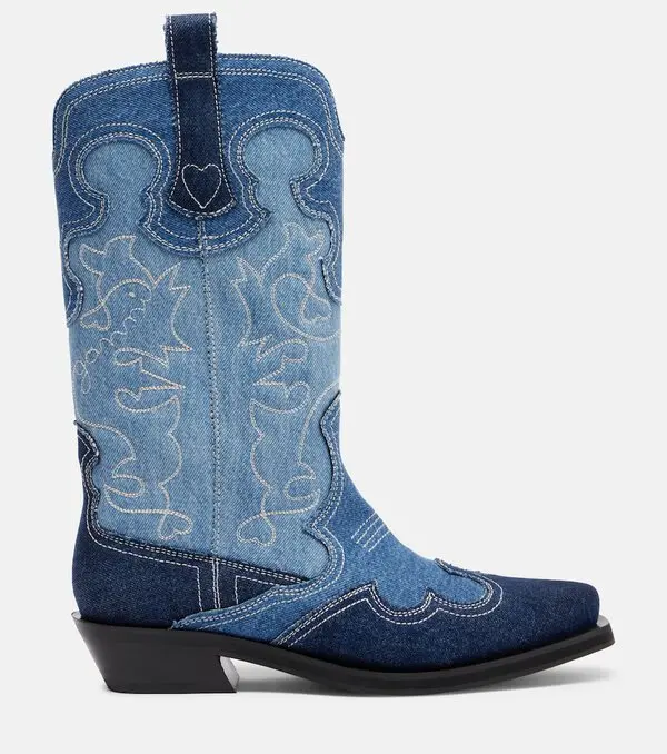 GANNI Denim Cowboy Boots - Blue