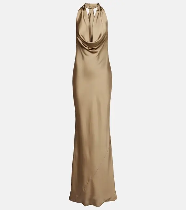 Norma Kamali Draped Halterneck Satin Gown - Beige