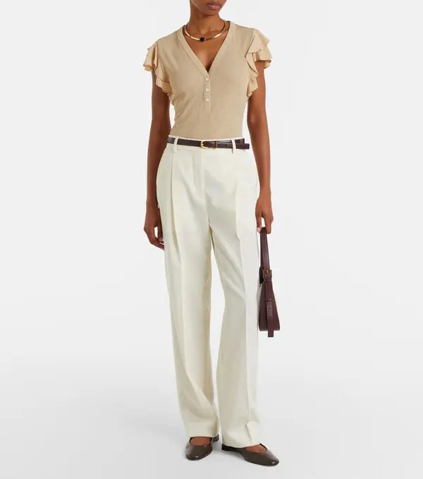 Veronica Beard Aphrodite Ribbed-knit Ruffled Top - Beige