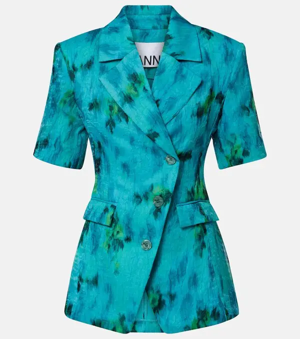 GANNI Printed Organza Blazer - Turquoise
