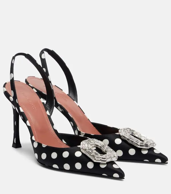 Amina Muaddi Camelia Polka-dot Satin Slingback Pumps - Black