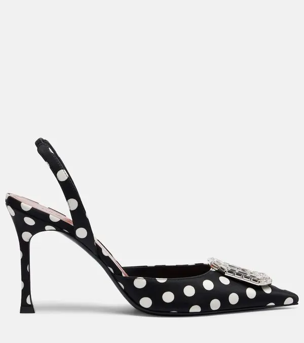 Amina Muaddi Camelia Polka-dot Satin Slingback Pumps - Black