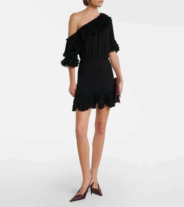 Saint Laurent Ruffled Silk Crepon Minidress - Black