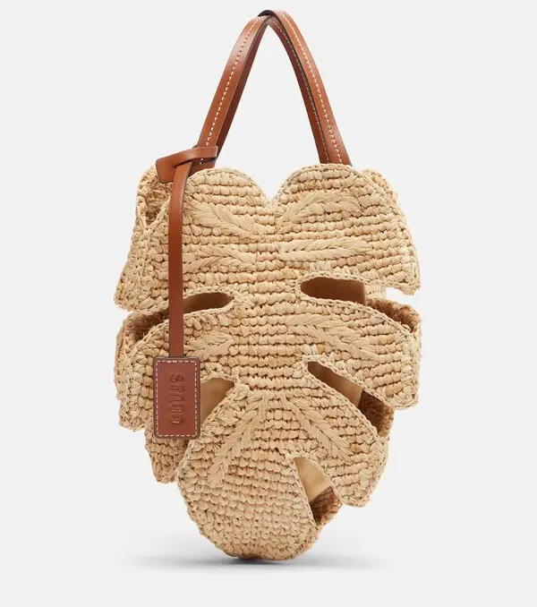 Staud Palm Leather-trimmed Raffia Top-handle Bag - Beige