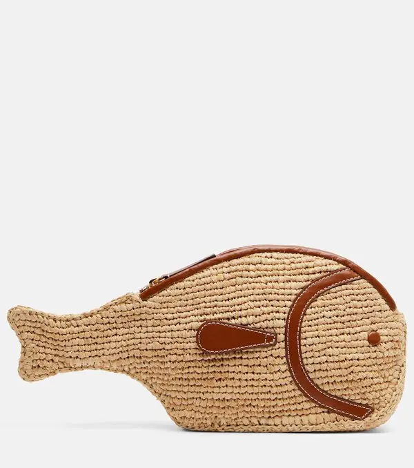 Staud Pesce Leather-trimmed Raffia Clutch - Beige