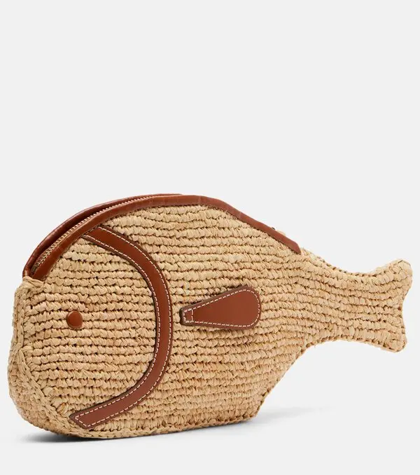 Staud Pesce Leather-trimmed Raffia Clutch - Beige