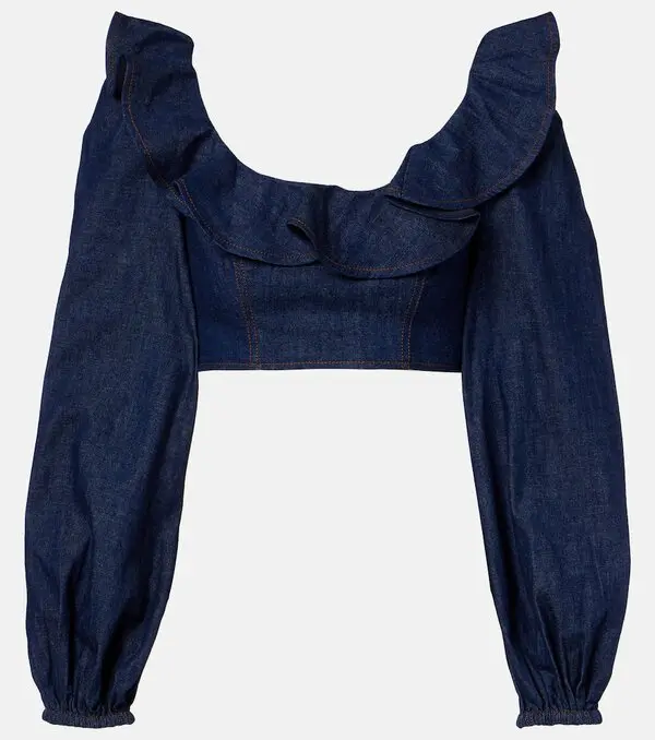 Zimmermann Aster Ruffled Denim Crop Top - Blue