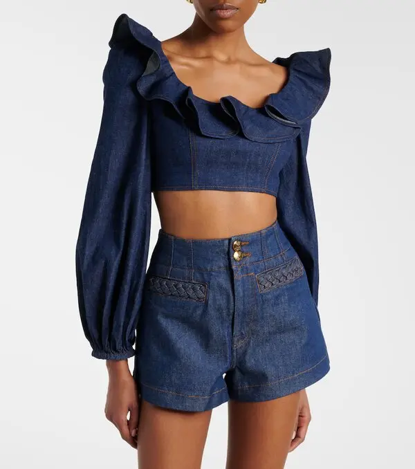 Zimmermann Aster Ruffled Denim Crop Top