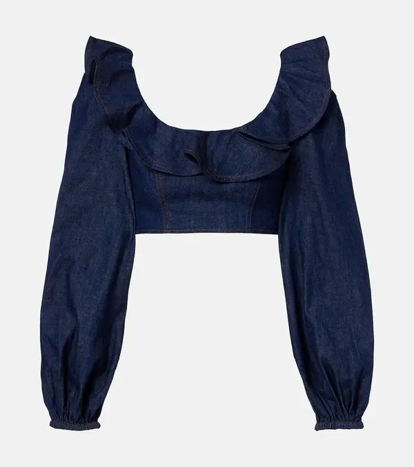 Zimmermann Aster Ruffled Denim Crop Top - Blue