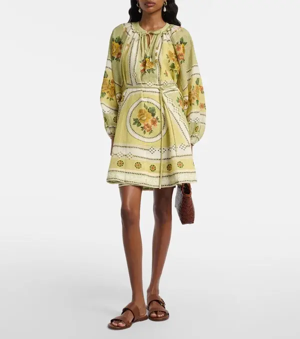 ALEMAIS Dixie Belted Printed Ramie Minidress - Yellow