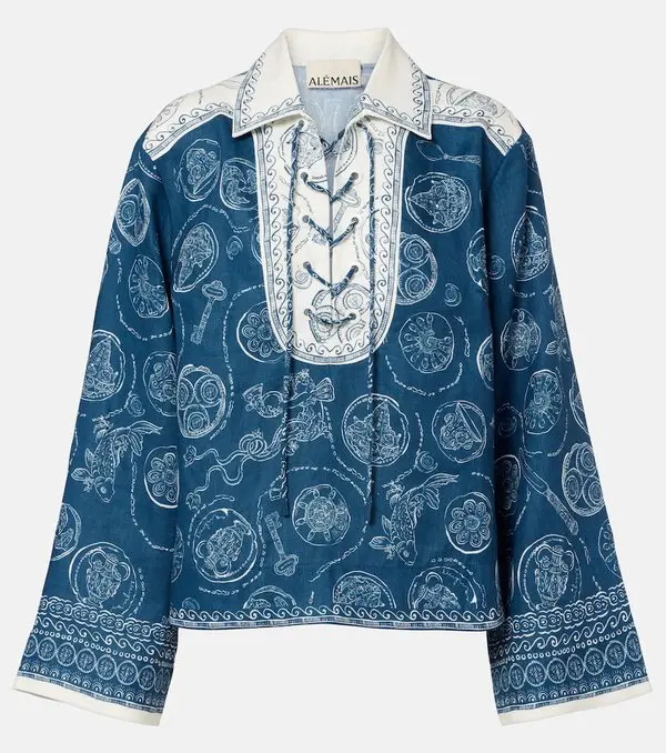 ALEMAIS Lucky Printed Linen Blouse - Blue
