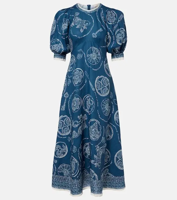ALEMAIS Lucky Printed Linen Midi Dress - Blue