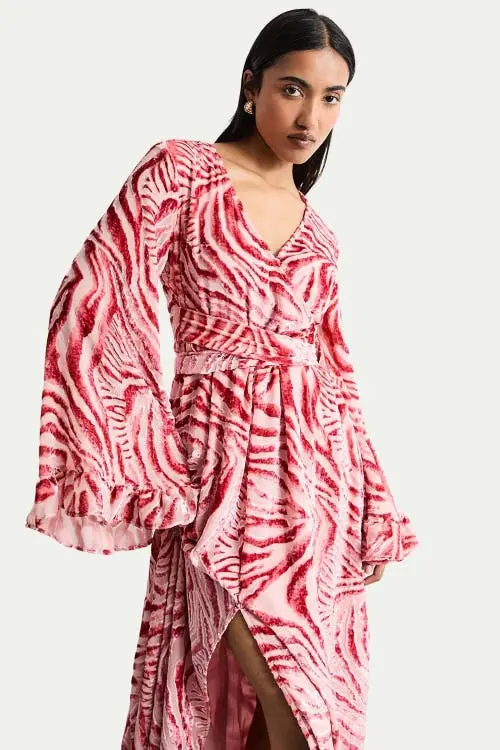 WAREHOUSE Burnout Velvet Plunge Maxi Dress - Red