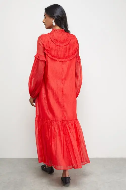 WAREHOUSE Crinkle Stripe Frill Midi Dress