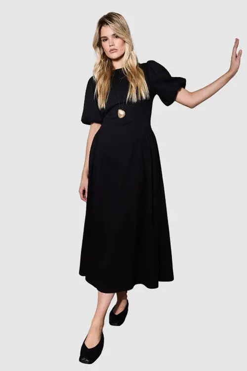 WAREHOUSE Seersucker Puff Sleeve Midi Dress - Black