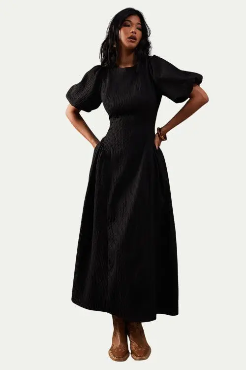 WAREHOUSE Seersucker Puff Sleeve Midi Dress - Black