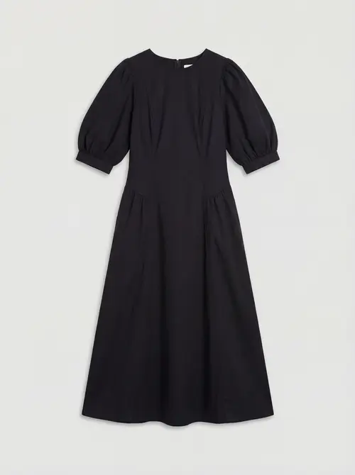 WAREHOUSE Seersucker Puff Sleeve Midi Dress - Black