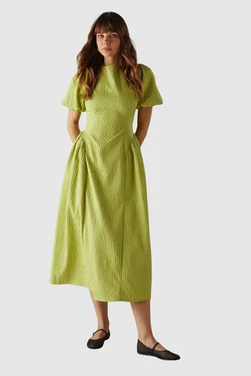 WAREHOUSE Seersucker Puff Sleeve Midi Dress - Chartreuse