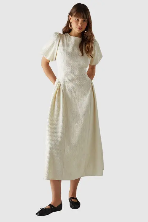 WAREHOUSE Seersucker Puff Sleeve Midi Dress - Cream