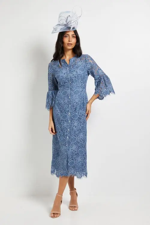 WALLIS Lace Button Midi Dress - Blue