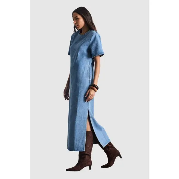WAREHOUSE Denim Side Split Midi Dress - Mid Wash