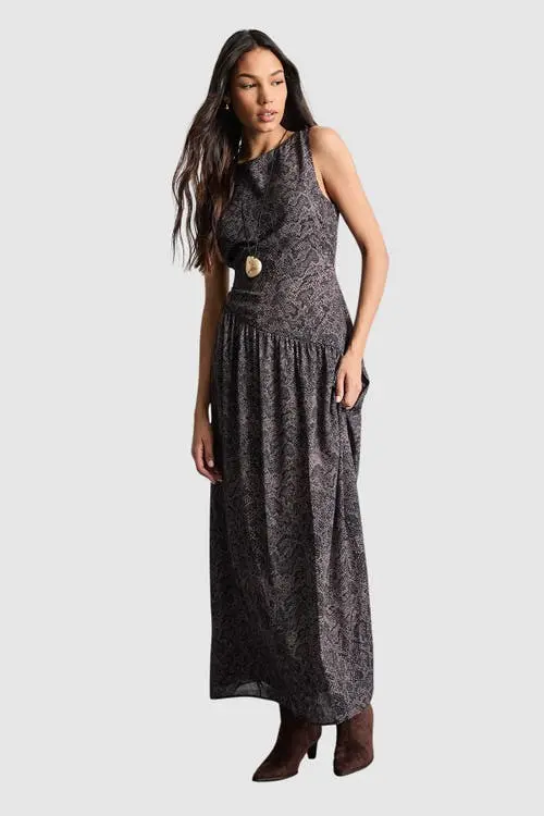 WAREHOUSE Printed Chiffon Tiered Maxi Dress - Brown