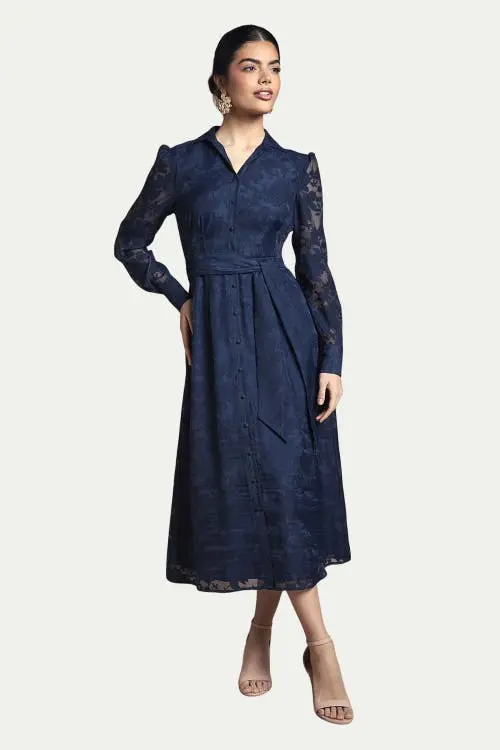 WALLIS Floral Organza Belted Midi Shirt Dress - Navy