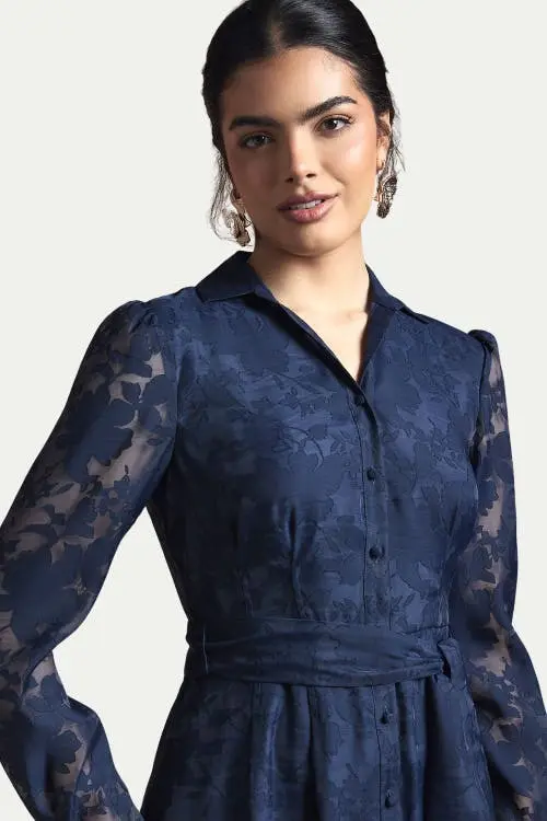 WALLIS Floral Organza Belted Midi Shirt Dress - Navy