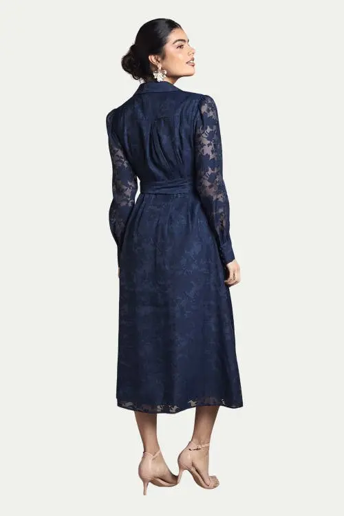 WALLIS Floral Organza Belted Midi Shirt Dress - Navy