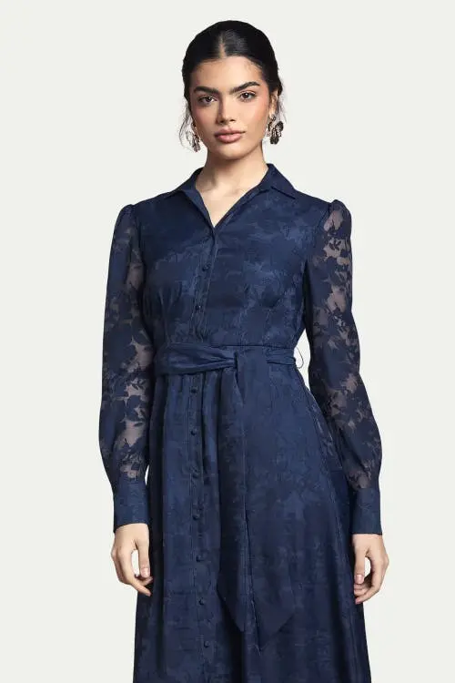 WALLIS Floral Organza Belted Midi Shirt Dress - Navy