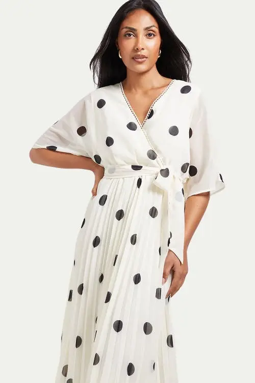 WALLIS Petite Spot Pleated Midi Dress - Ivory
