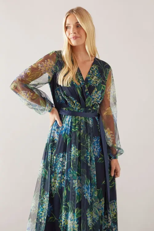 WALLIS Petite Floral Mesh Satin Tie Midi Dress