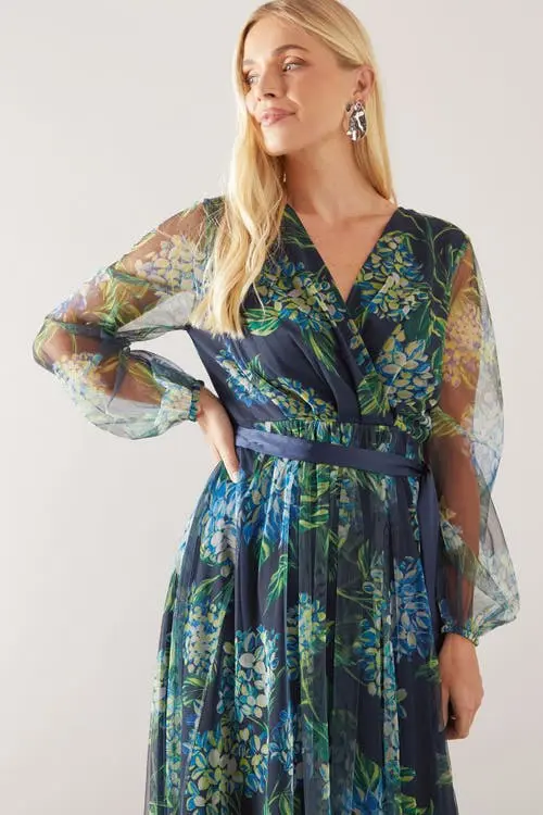 WALLIS Petite Floral Mesh Satin Tie Midi Dress