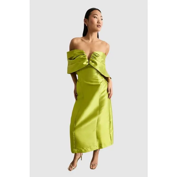 WAREHOUSE Petite Satin Twill Bardot Midi Dress - Chartreuse