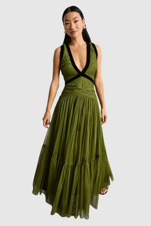 WAREHOUSE Velvet Trim Tulle Maxi Dress - Green