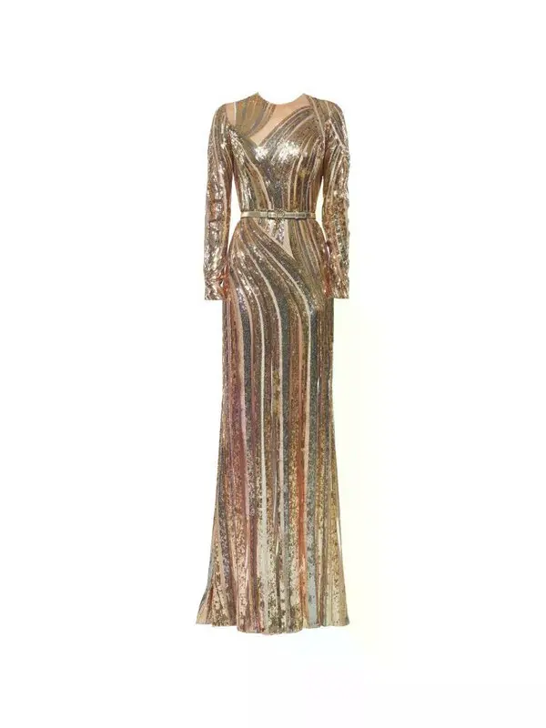 Elie Saab Sequin-embellished Belted Gown - Gold