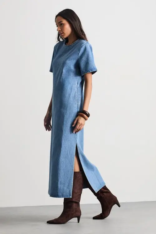 WAREHOUSE Denim Side Split Midi Dress - Dark Wash