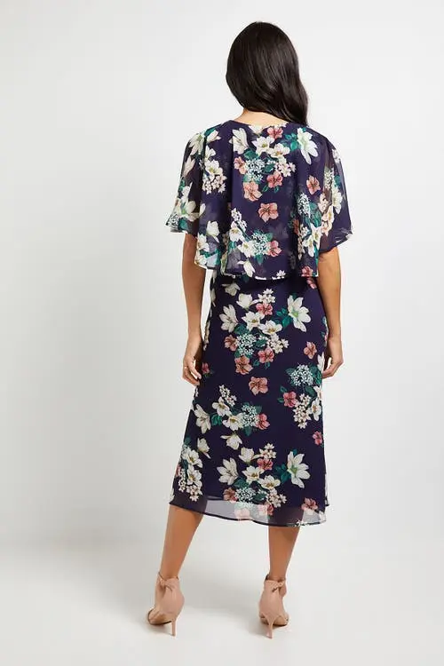 WALLIS Cape Sleeve Ruched Midi Dress - Navy