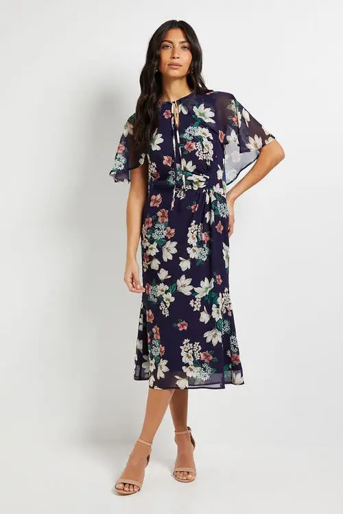 WALLIS Cape Sleeve Ruched Midi Dress - Navy