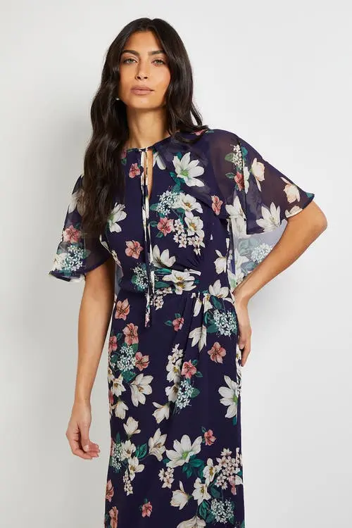 WALLIS Cape Sleeve Ruched Midi Dress - Navy